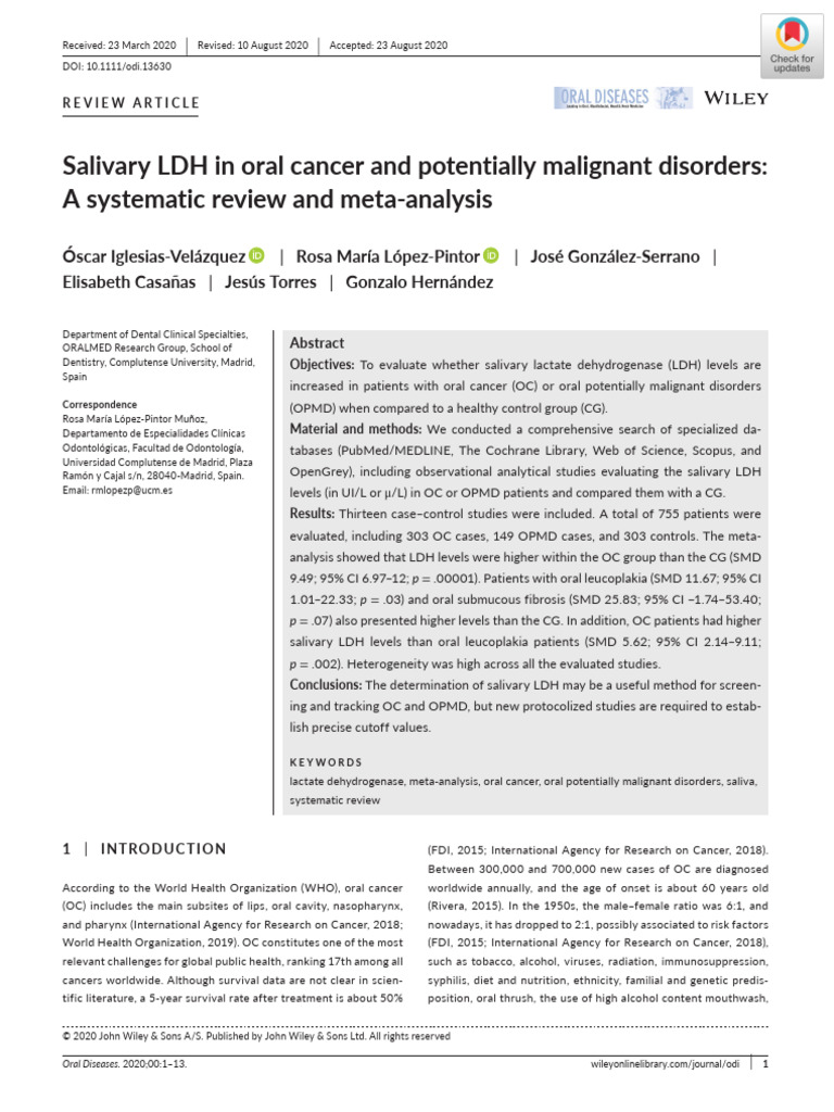 Salivary LDH in Oral Cancer and Potentially Malignant Disorders | PDF ...