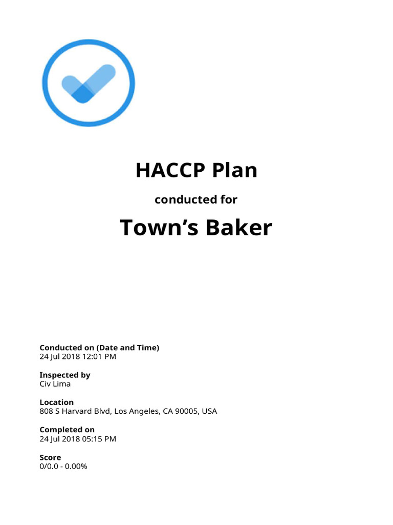HACCP Plan for Town's Baker Audit | PDF | Business | Occupational ...