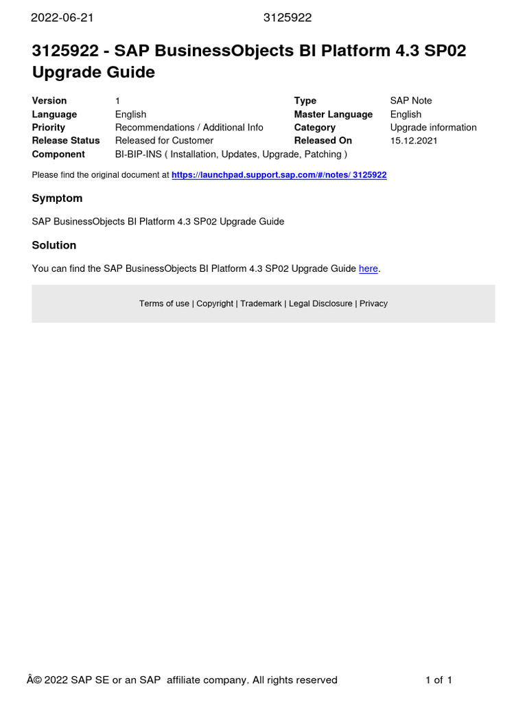 3125922 - SAP BusinessObjects BI Platform 4.3 SP02 Upgrade Guide | PDF