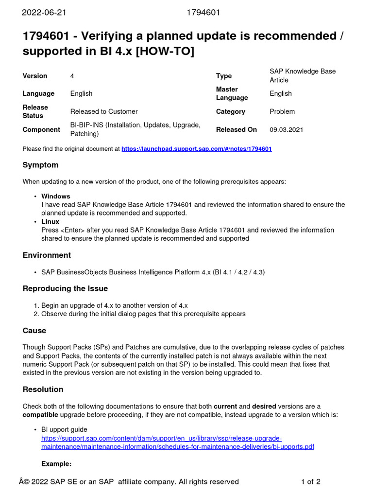 Verifying A Planned Update Is Recommended Supported in BI 4.x HOW-TO ...