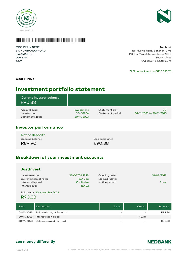 Nedbank Investment Portfolio Statement | PDF | Banks | Interest