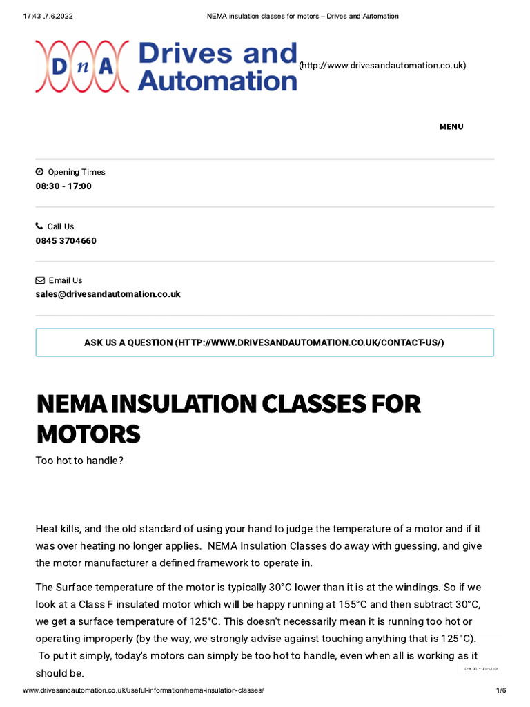 Motor - Insulation Class - NEMA Insulation Classes For Motors - Class F ...