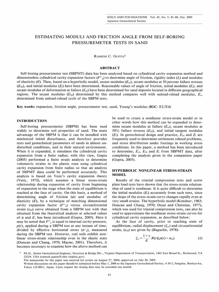 Estimating Moduli And Friction Angle From Self Boring Pdf Youngs
