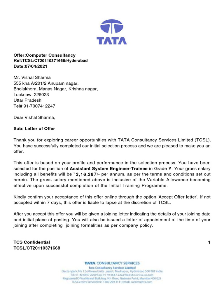 Vishal Offer Letter | PDF