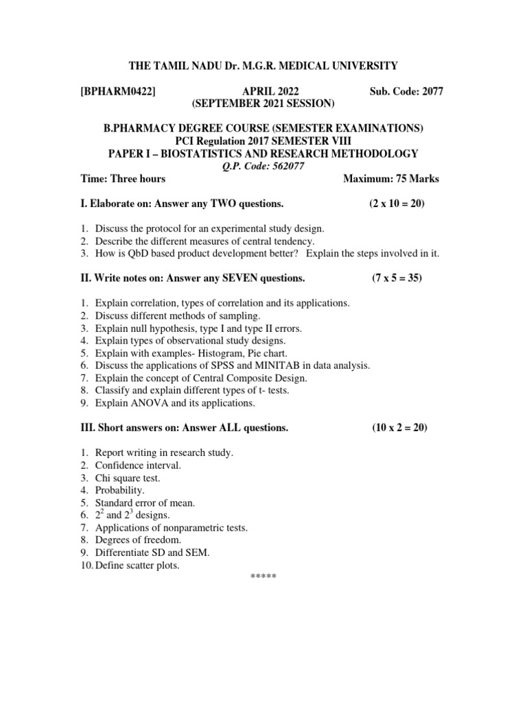 Tnmgrmu Biostatistics and Research Methodology | PDF