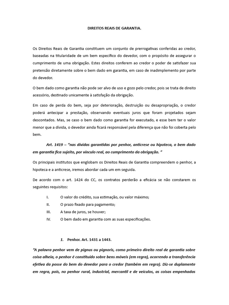 Direitos Reais de Garantia: Conceitos e Tipos | PDF | Empréstimos ...