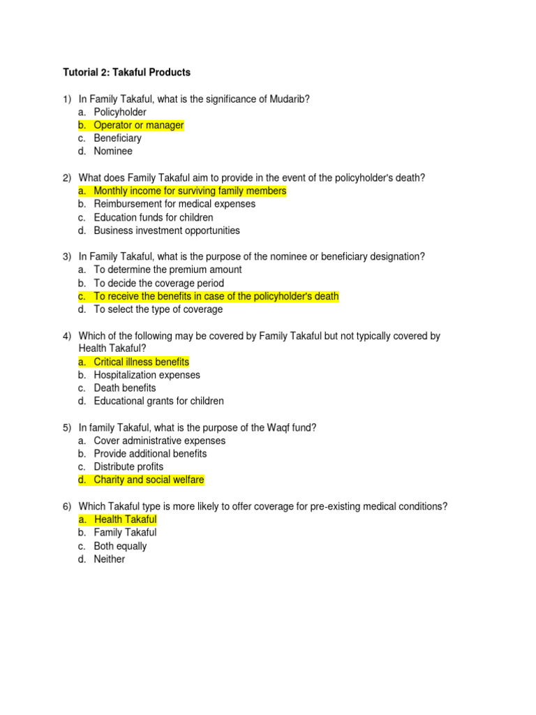INS510 Answer Tutorial Takaful Products | PDF