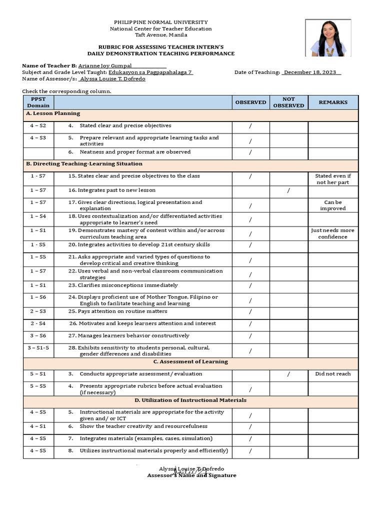 Gumpal Demo Teaching Rubric Pdf Learning Teachers