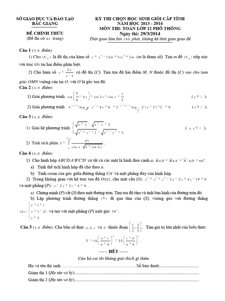 LỚP 12 - Đề HSG 12 SỞ GD BẮC GIANG - De thi HSG lop 12 nam 2013-2014 (CT) | PDF