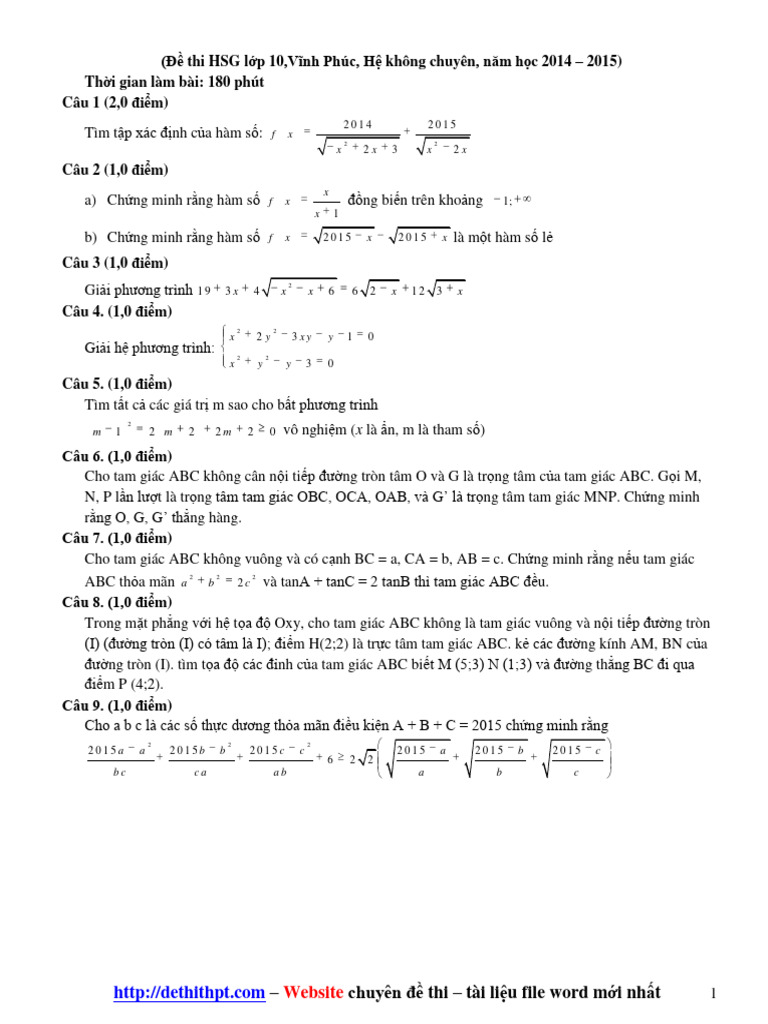 Đề HSG 10.11.12 - lop 10 - Đề thi HSG lớp 10,Vĩnh Phúc, Hệ không chuyên, năm học 2014 - 2015 | PDF