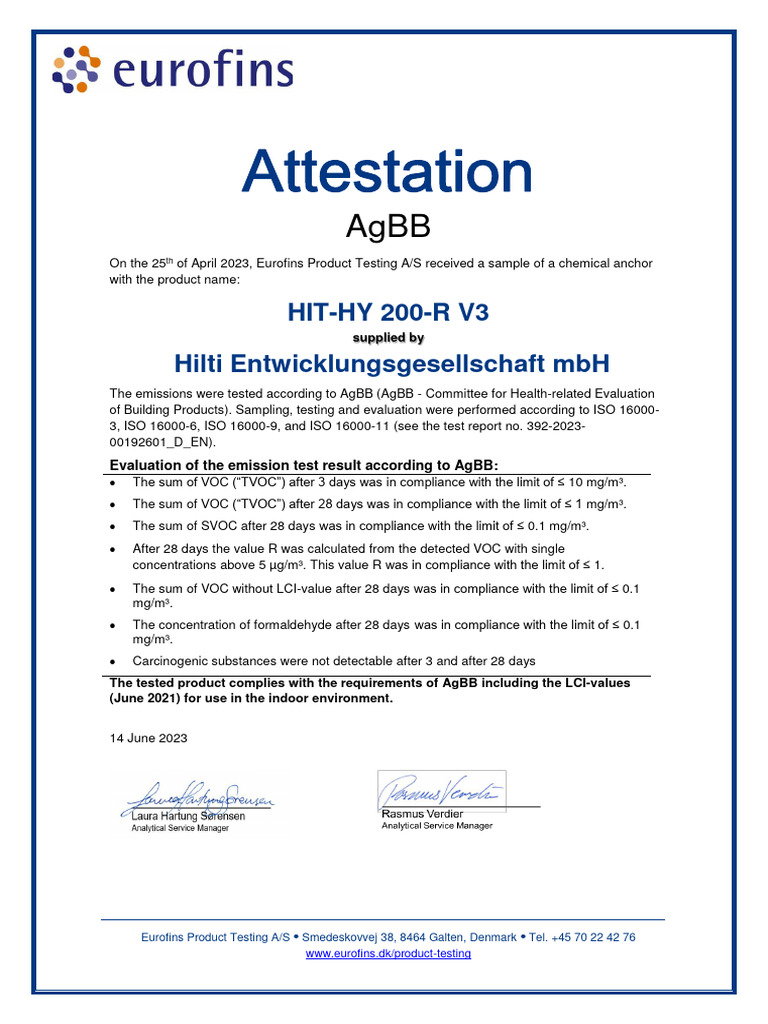 VOC Declaration AgBB Hilti HIT HY 200 R V3 HSE Information ASSET DOC ...
