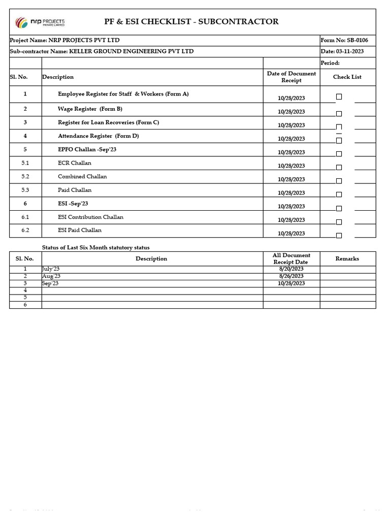 SB-0106 PF & ESI Check List - Sub Contractor | PDF | Social Institutions | Public Administration