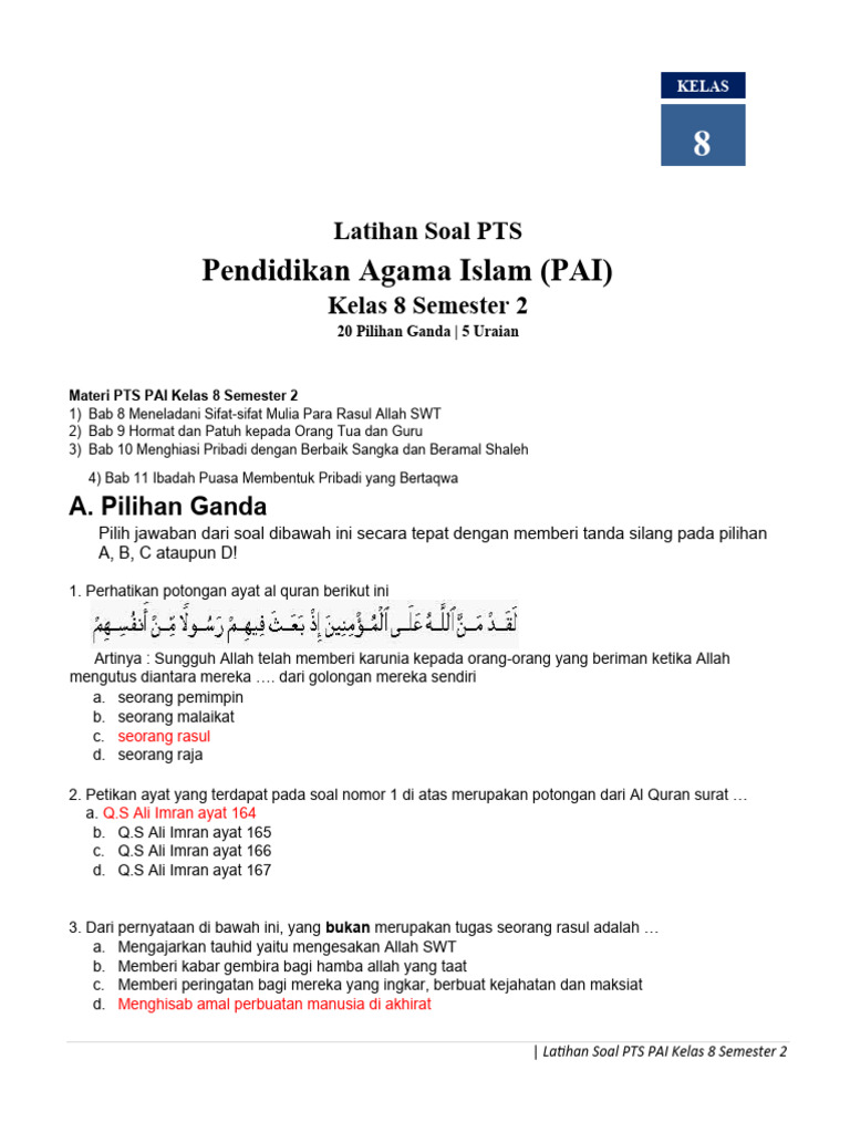 Latihan Soal Pts Pai Kelas 8 Semester 2 | PDF