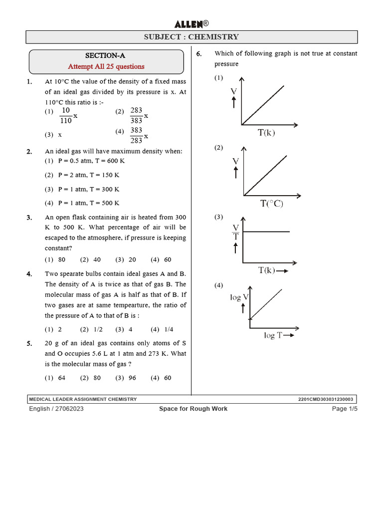Ideal Gas Law Chemistry Quiz | PDF | Gases | Density