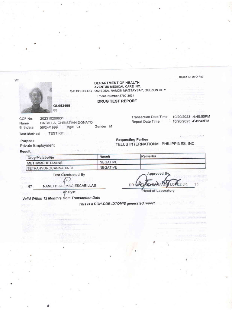Drug Test Result for Employment Verification | PDF | Finance & Money ...