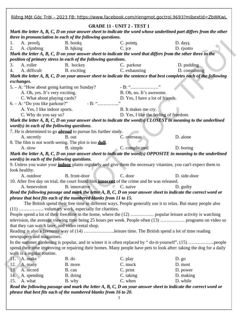 Grade 11 English Test 1 - Unit 2 | PDF | Hobbies | Sports