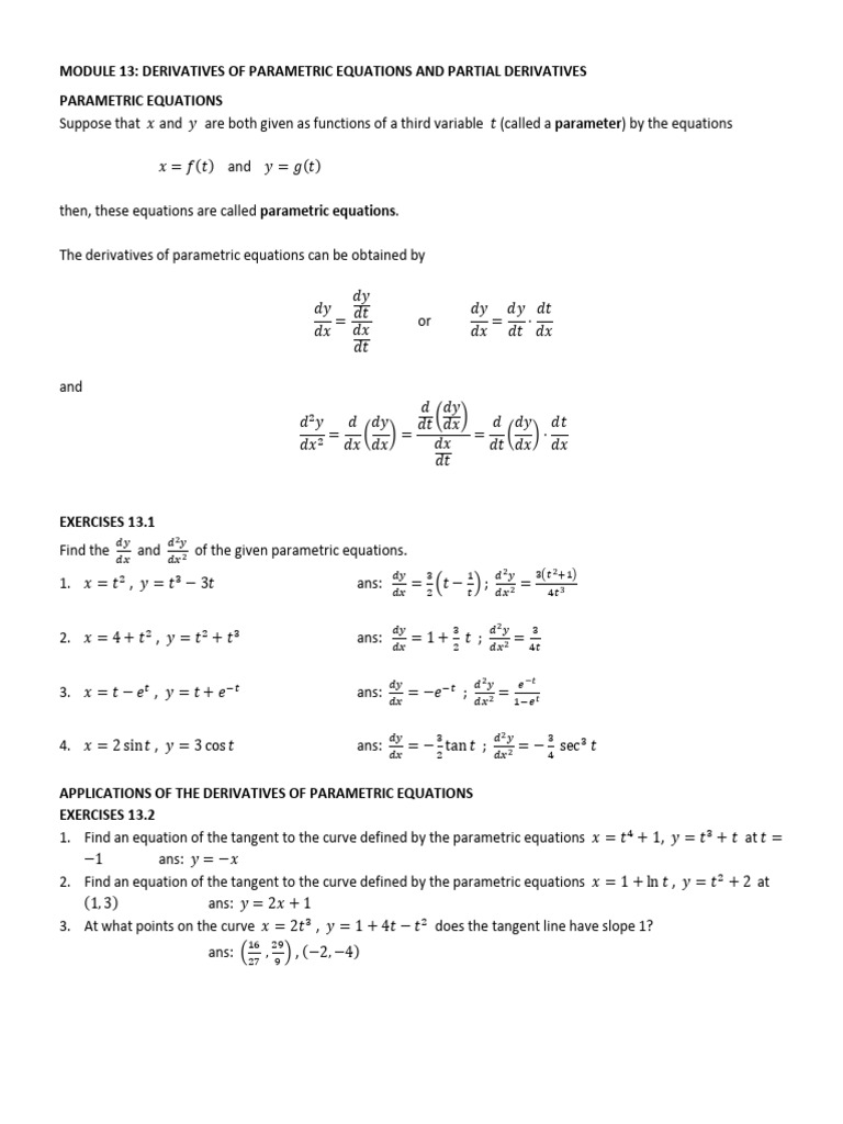 Module 13 Parametric Equations And Partial Derivatives Download Free Pdf Derivative Equations