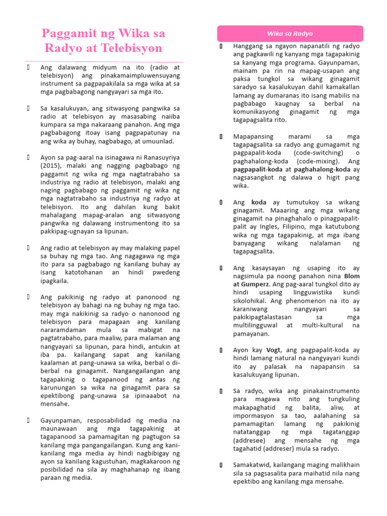 Paggamit NG Wika Sa Radyo at Telebisyon | PDF