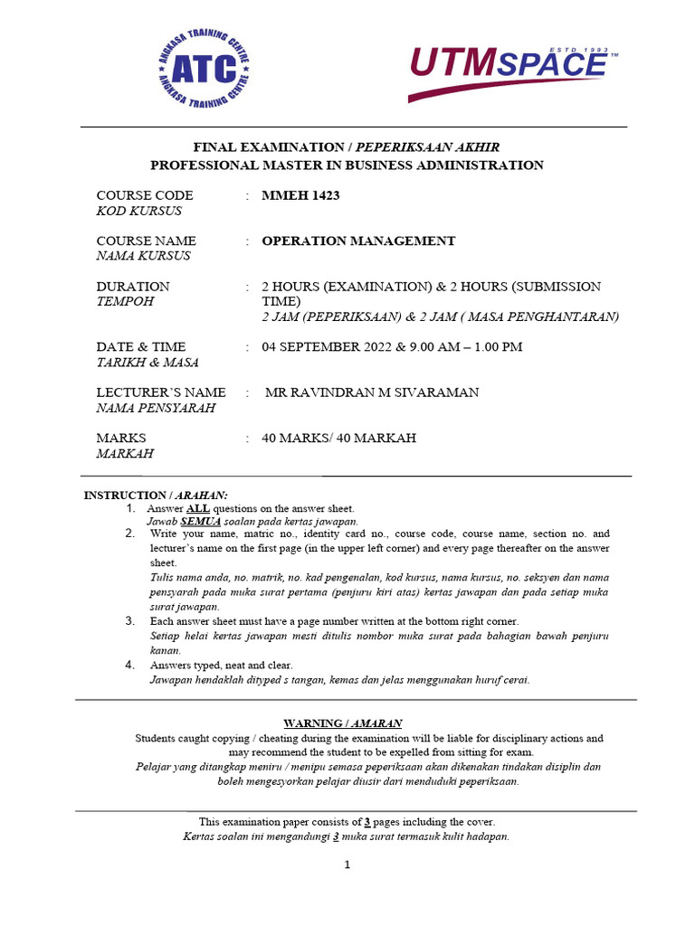Utm Format - Operation Management Final Exam | PDF | Qualifications