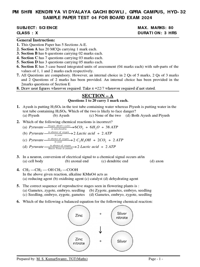 Science Class X Sample Paper Test 04 For Board Exam 2024 | PDF | Metals ...