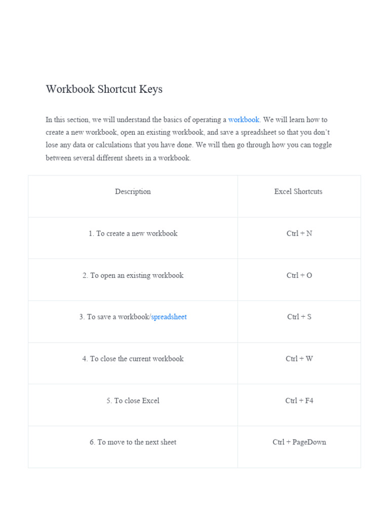 Workbook Shortcut Keys | PDF