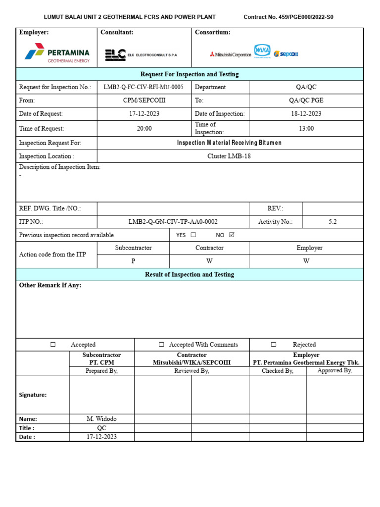 RFI - LMB2-Q-FC-CIV-RFI-MU-0005 - Material Bitumen | PDF | Materials