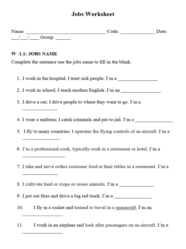 Jobs Worksheet | PDF