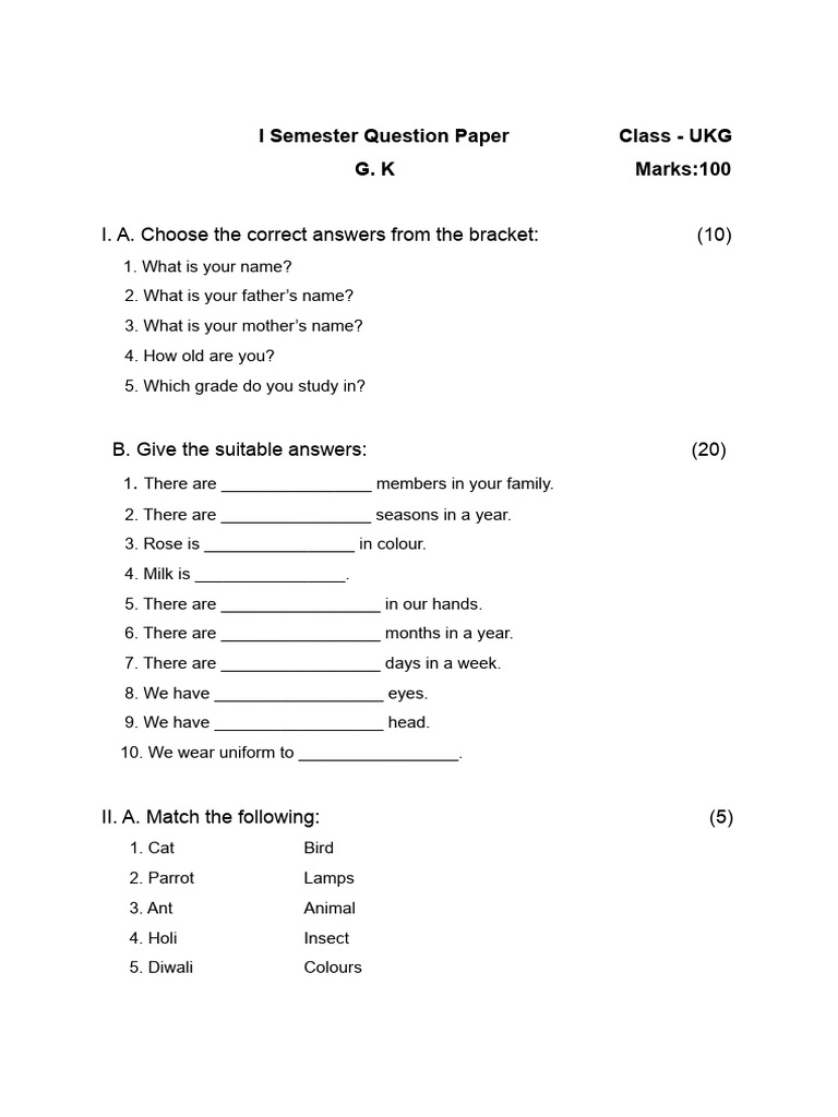 UKG General Knowledge Question Paper | PDF