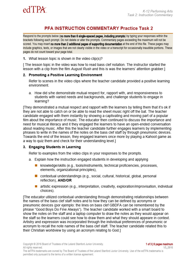 PFA Instruction Commentary Practice Task 2 | PDF | Learning | Teachers