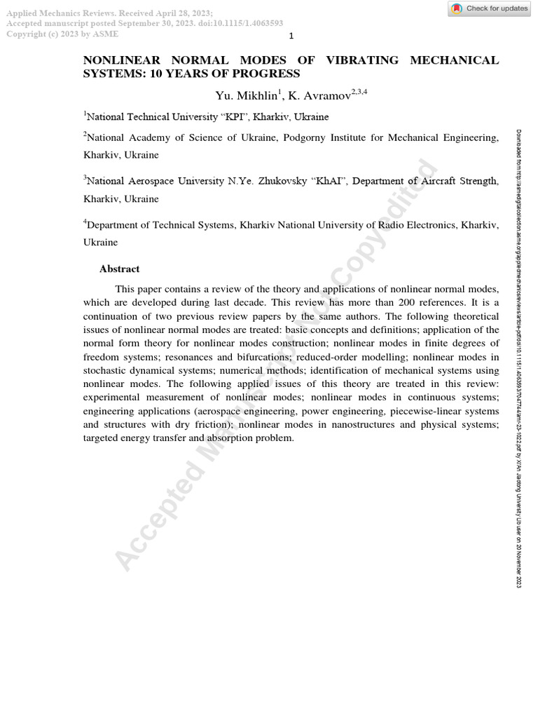 2023 - Nonlinear Normal Modes of Vibrating Mechanical Systems 10 Years of Progress | PDF ...