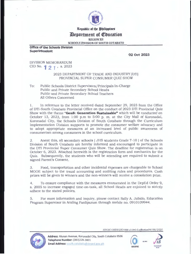 DM CID No. 121 S. 2023 2023 DEPARTMENT OF TRADE AND INDUSTRY DTI PROVINCIAL SUPER CONSUMER QUIZ ...
