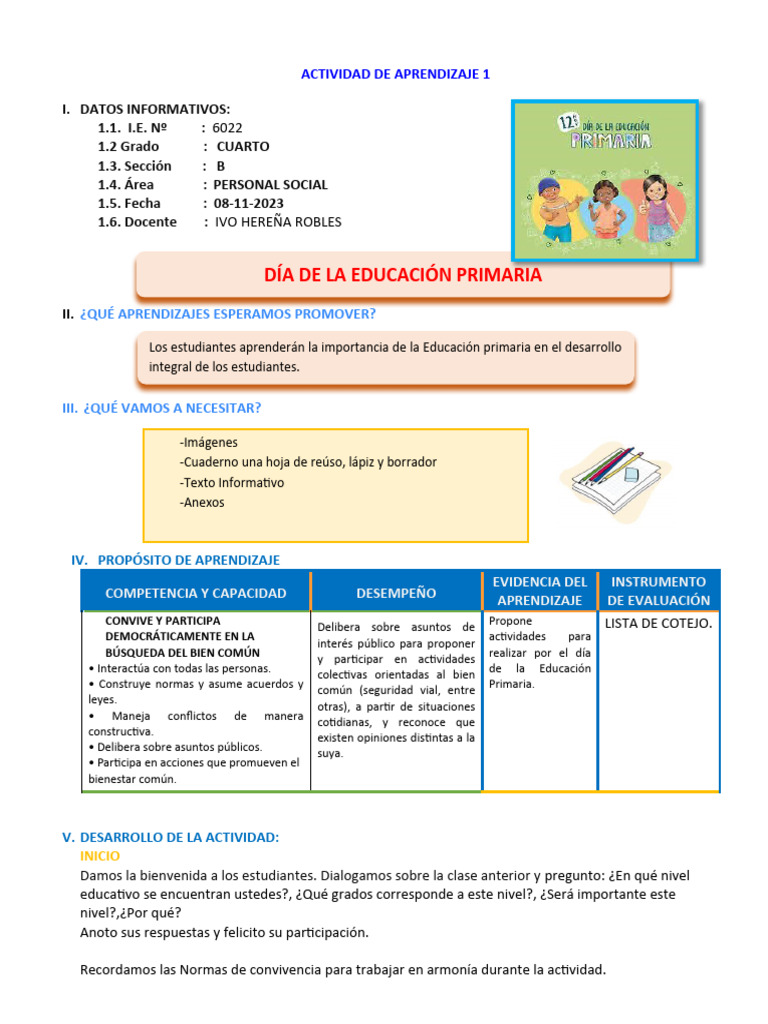 D1 A2 Sesion Ps. Día de La Educación Primaria | Descargar gratis PDF | Educación primaria ...