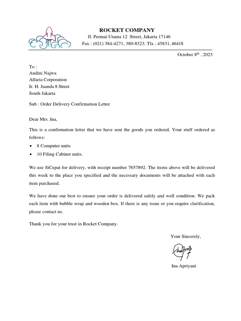 Order Delivery Confirmation Letter | PDF