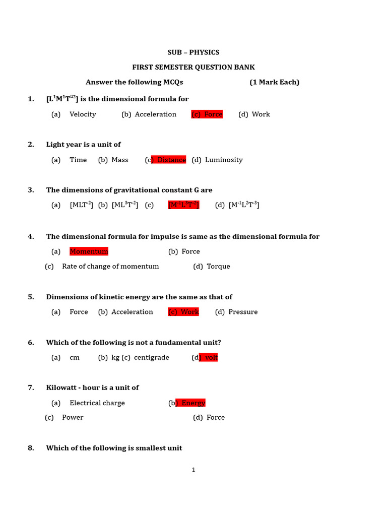 PHYSCIS Question Bank Answer | PDF | Science & Mathematics