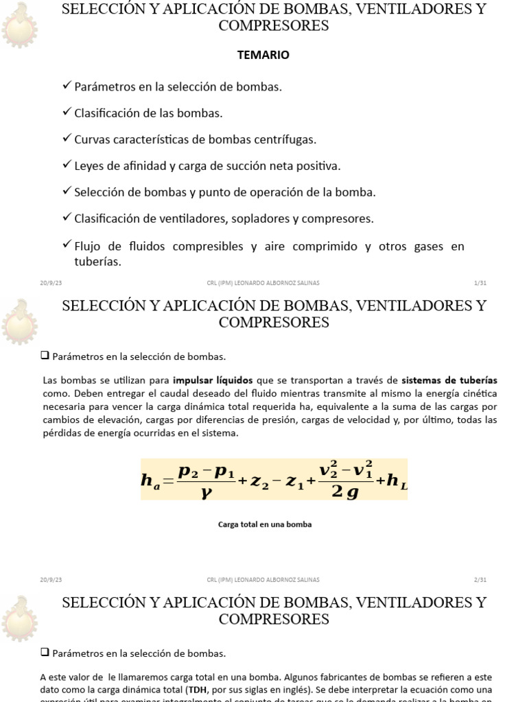 Sesión N6 - Selección y Aplicación de Bombas, Ventiladores y Comresores - 20SEP23 - 1ra Parte ...