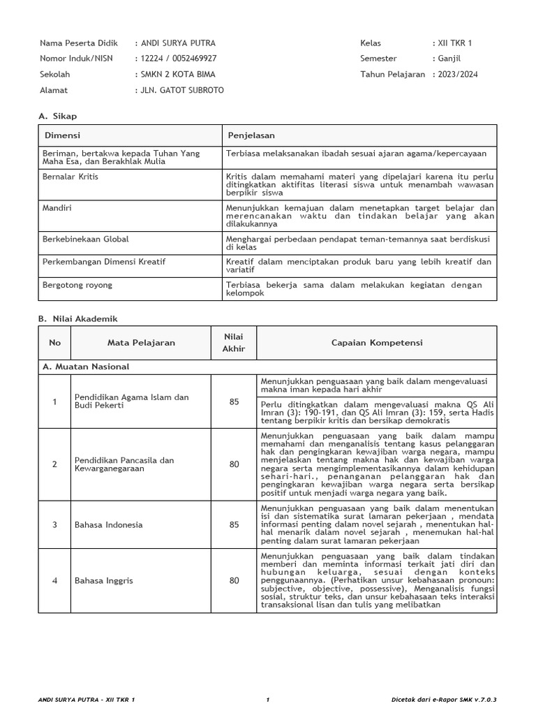 Rapor Andi Surya Putra - Xii TKR 1 | PDF