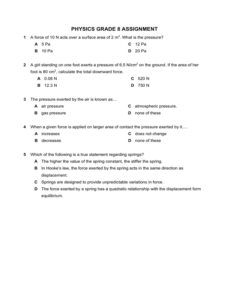 Physics Grade 8 Assignment | PDF | Force | Pressure