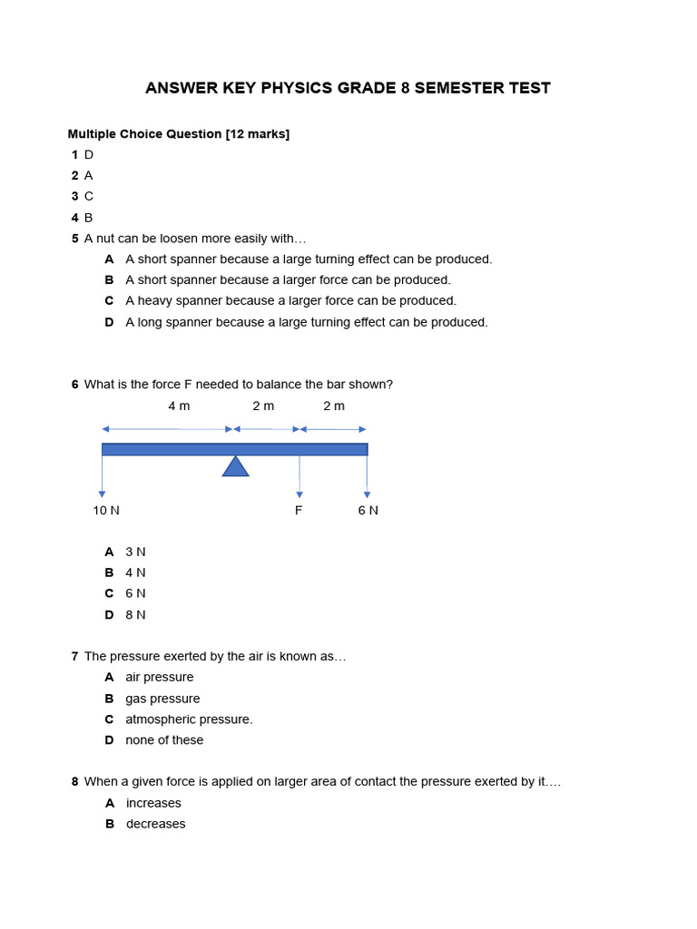 Answer Key Physics Grade 8 Final Test | PDF | Force | Weight