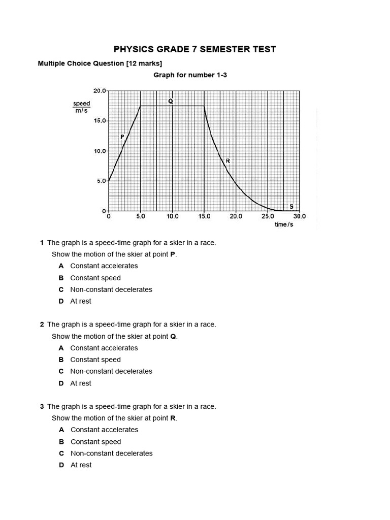 Grade 7 Physics Semester Test | PDF | Speed | Acceleration