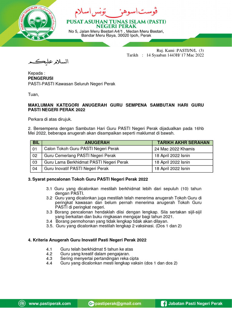3. Pencalonan Anugerah Hari Guru PASTI Perak 2022 | PDF