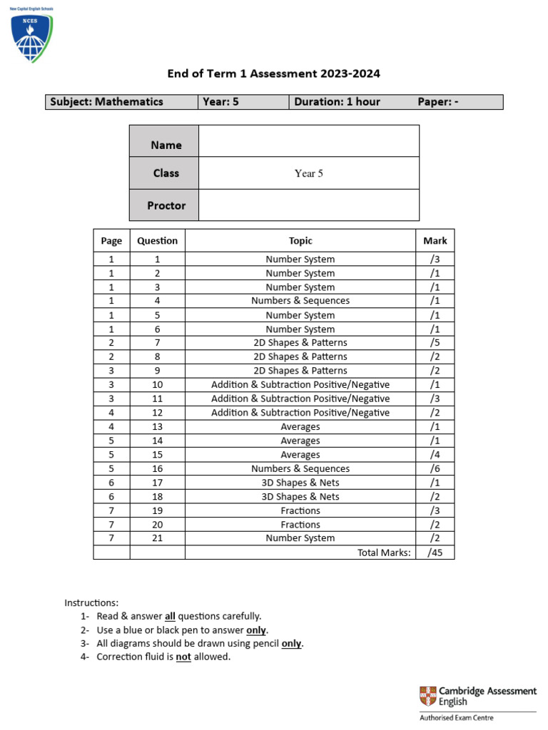 Math Term 1 Year 5 2023-2024 NCES | PDF | Mathematics