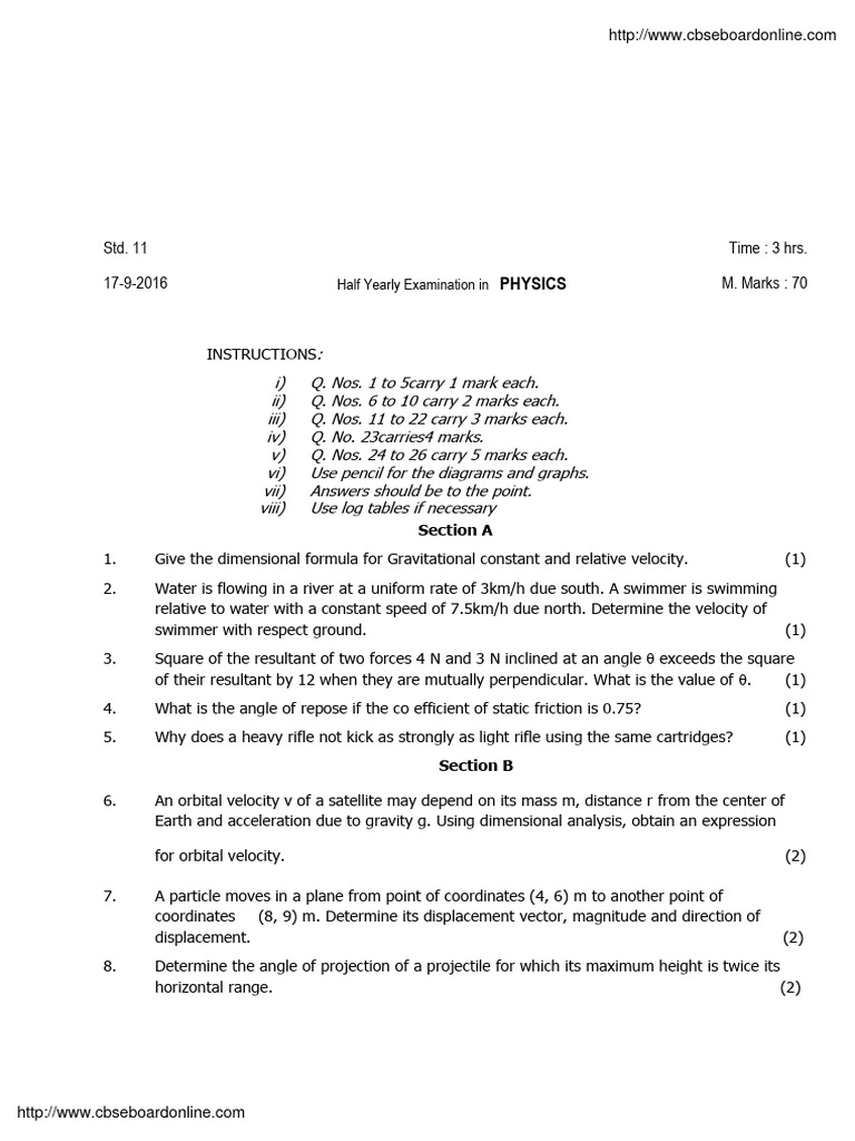 Cbse Class 11 Hy Physics 2016 | PDF | Acceleration | Velocity