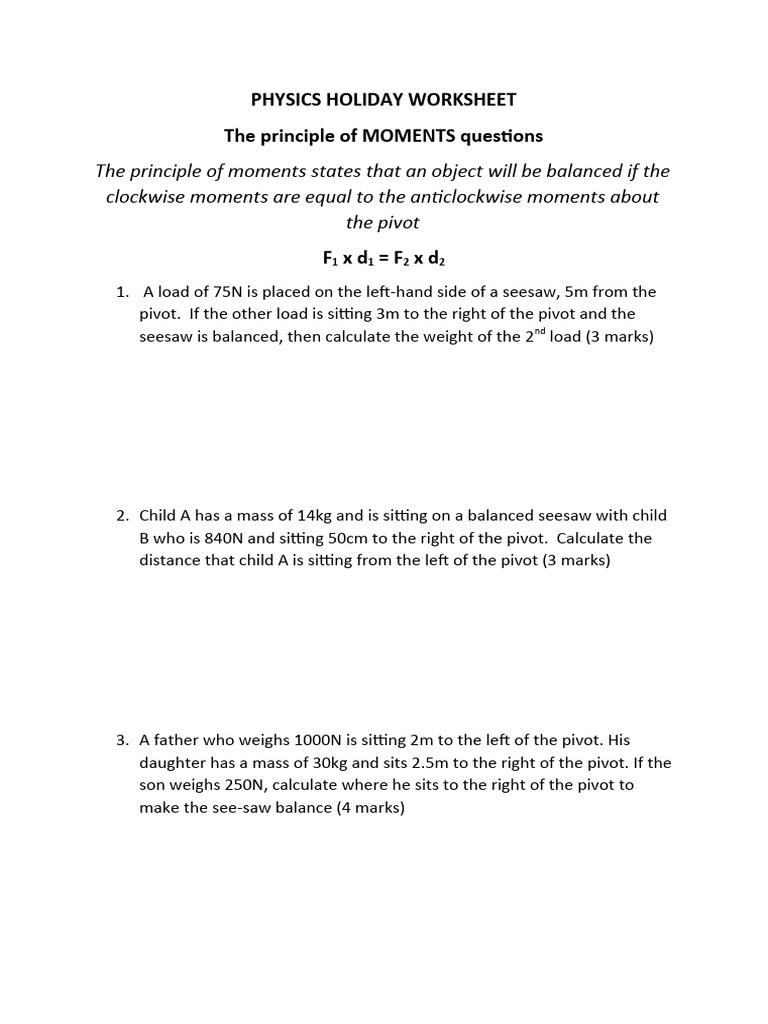 Physics Moments Worksheet Questions | PDF | Teaching Methods ...