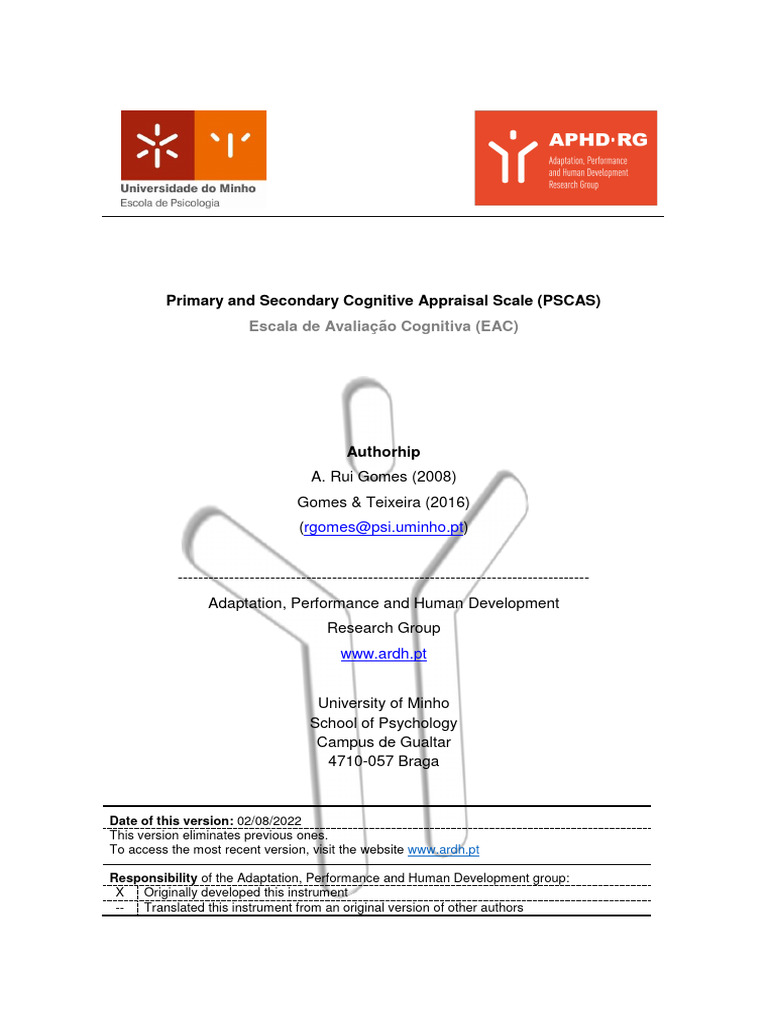 1-PSCAS-Primary and Secondary Cognitive Appraisal Scale | PDF