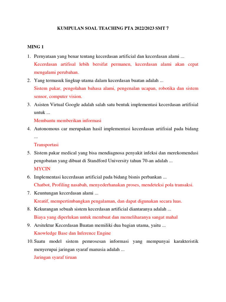 Kumpulan Soal Team Teaching Kecerdasan Artifisial & MRKT Pta 2022 2023 | PDF