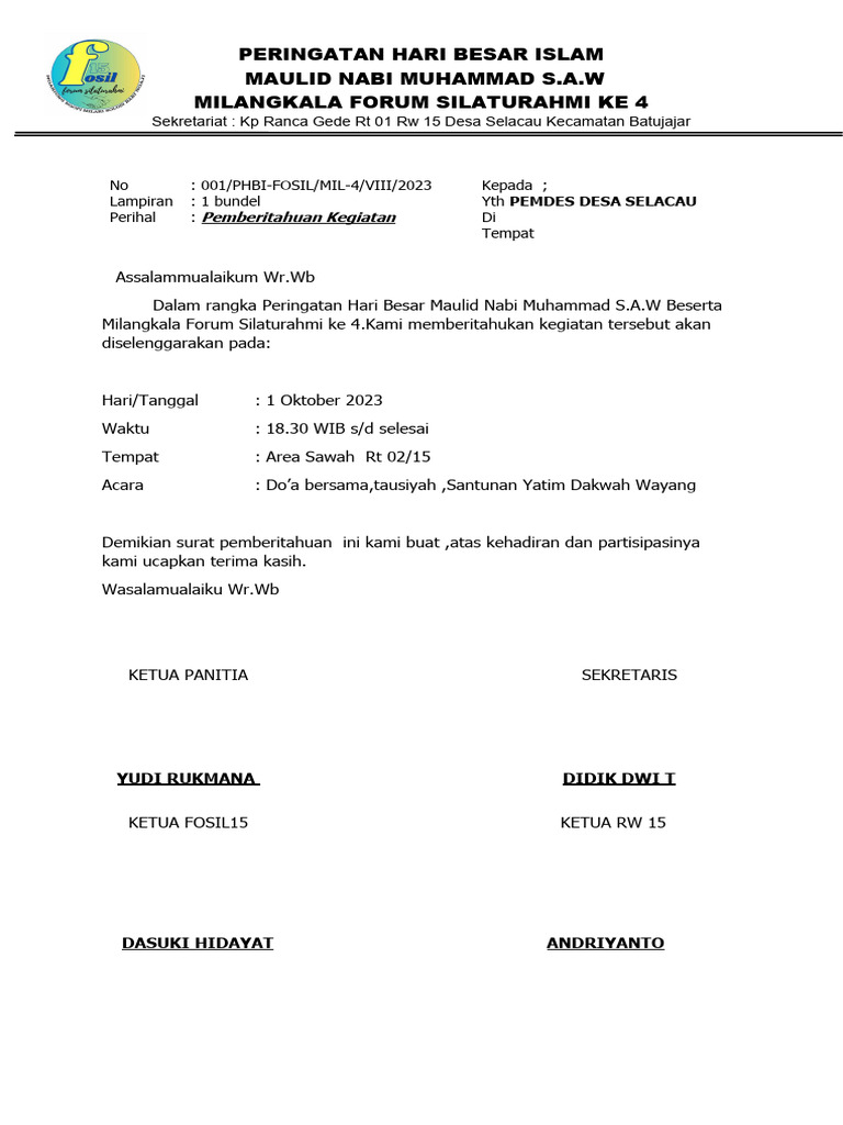 Sample Pemberitahuan Acara Milangkala Forum | PDF