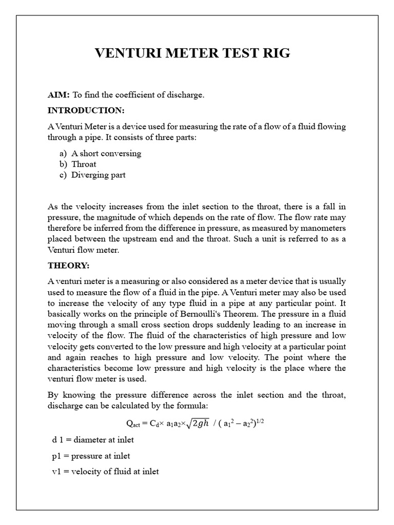 Venturimeter Lab Submitfinal (1) PDF | PDF | Flow Measurement | Pressure Measurement