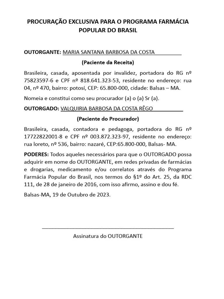 Procuração Exclusiva para o Programa Farmácia Popular Do Brasil | PDF