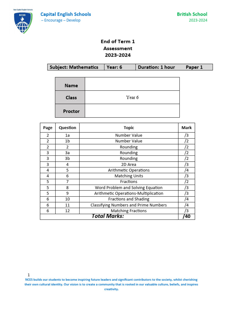 Year 6 Maths Term 1 Assessment | PDF | Mathematics | Science