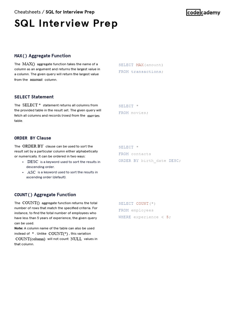 SQL For Interview Prep - SQL Interview Prep Cheatsheet - Codecademy | PDF | Relational Database ...